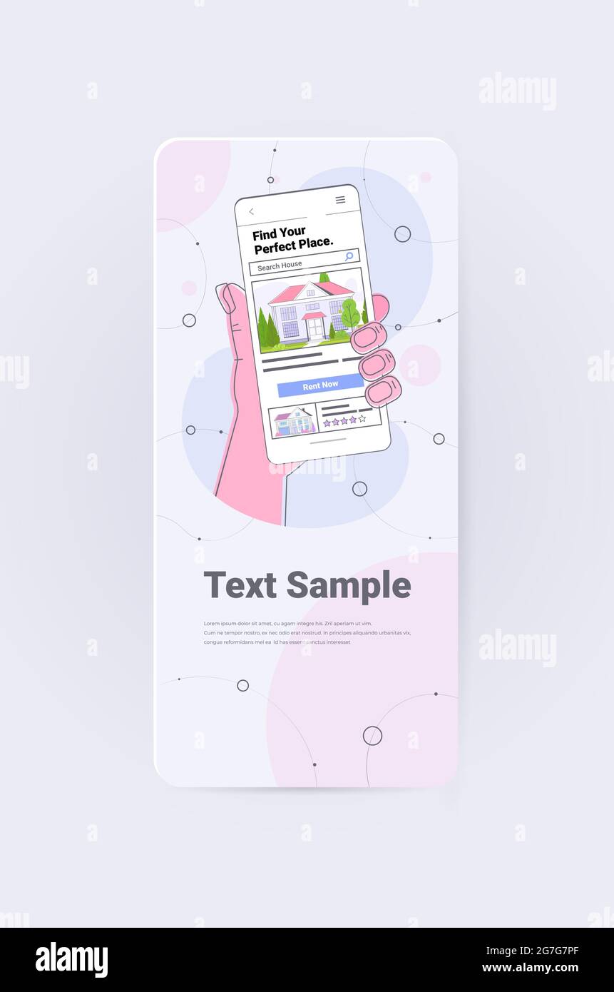 human hand using mobile app for searching houses for renting or buying ...
