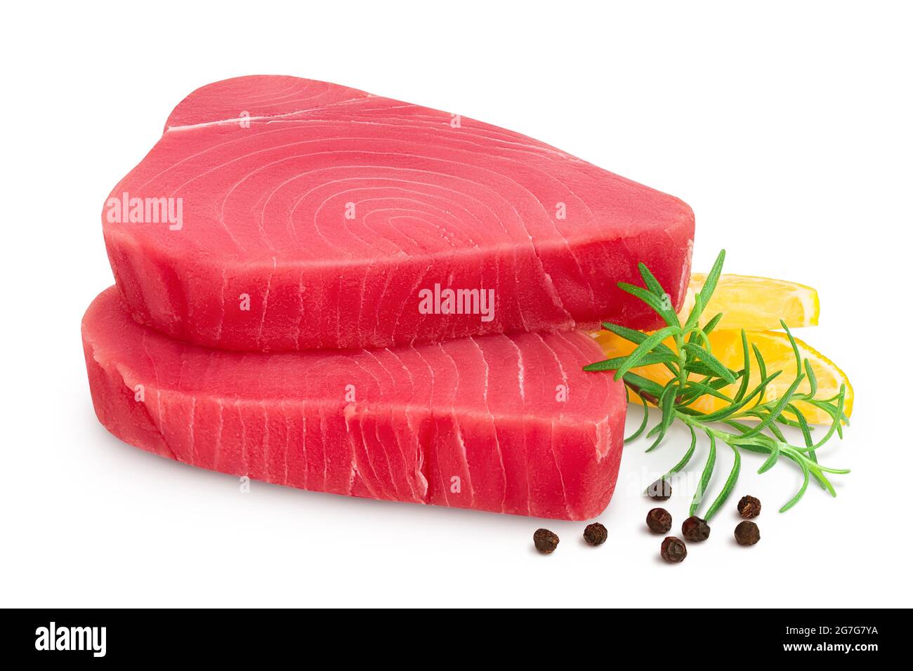 Fresh tuna fish fillet steak with rosemary, lemon and peppercorns ...