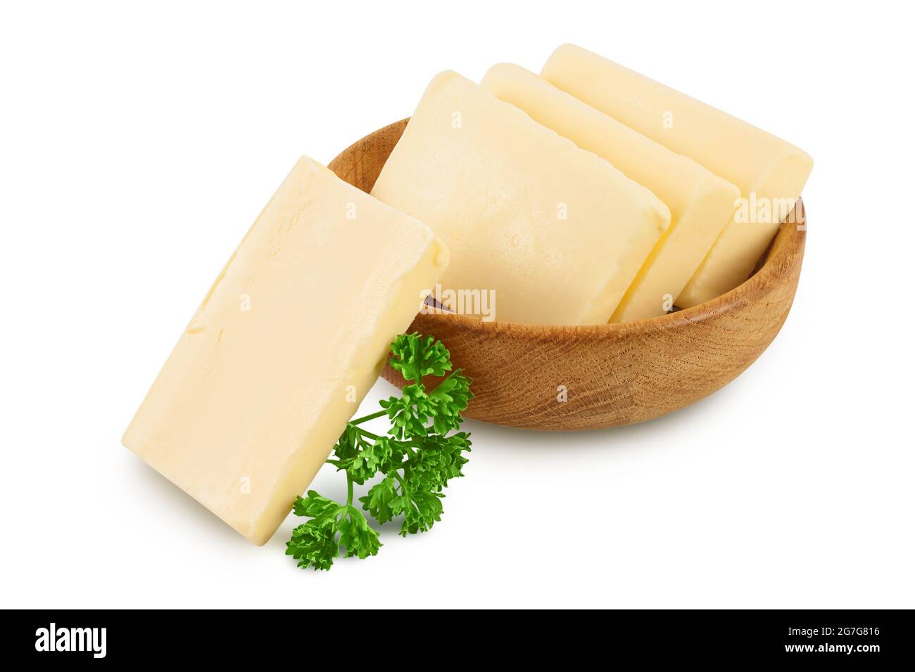butter slices in wooden bowl isolated on white background with clipping ...