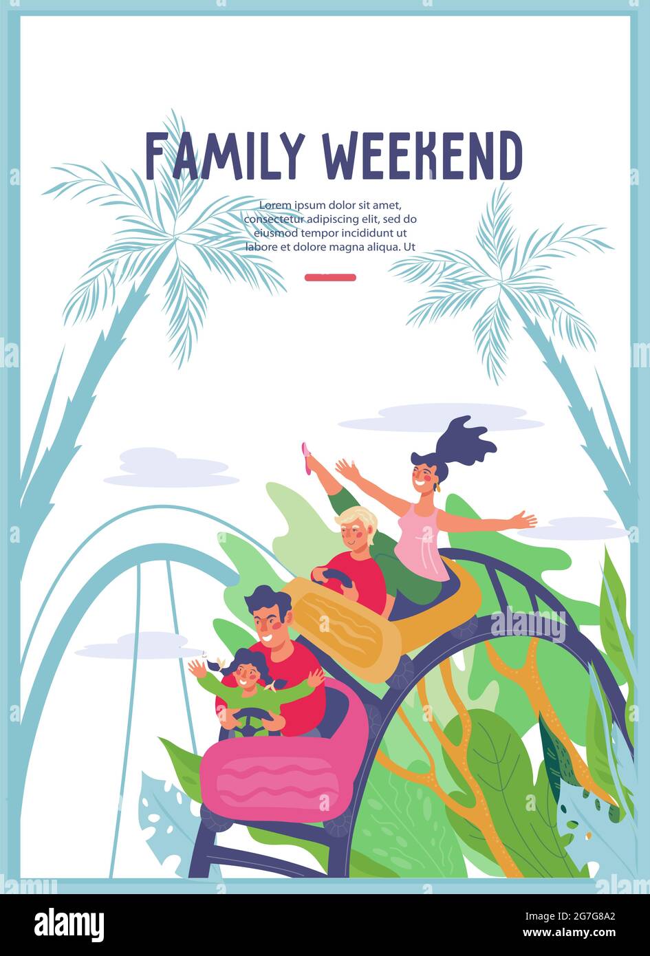 Family weekend in amusement park banner or card template, flat vector ...