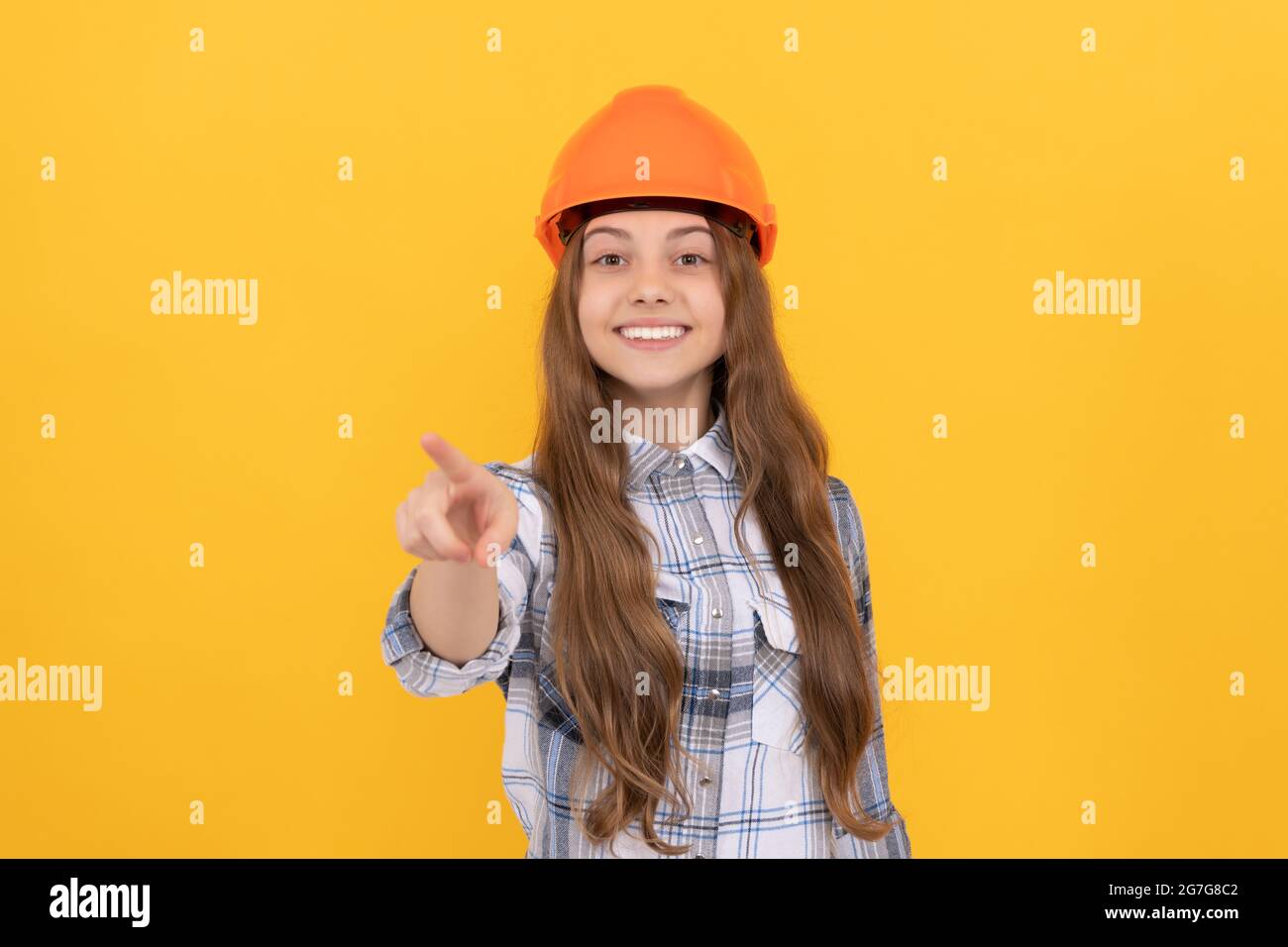 future career. teen girl in helmet. builder kid in checkered shirt ...