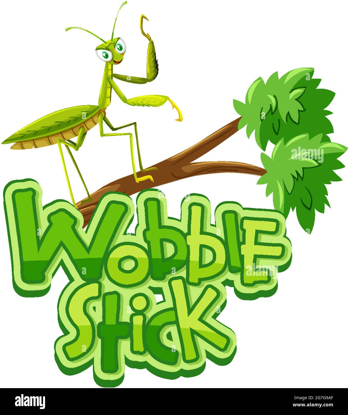 Mantis cartoon character with Wobble Stick font banner isolated ...