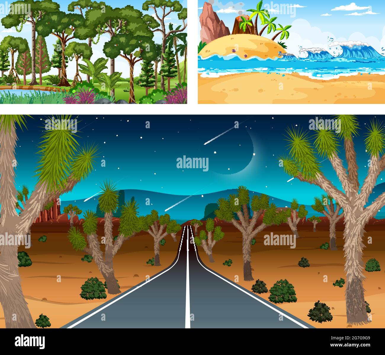 Different nature horizontal scenes in cartoon style illustration Stock ...