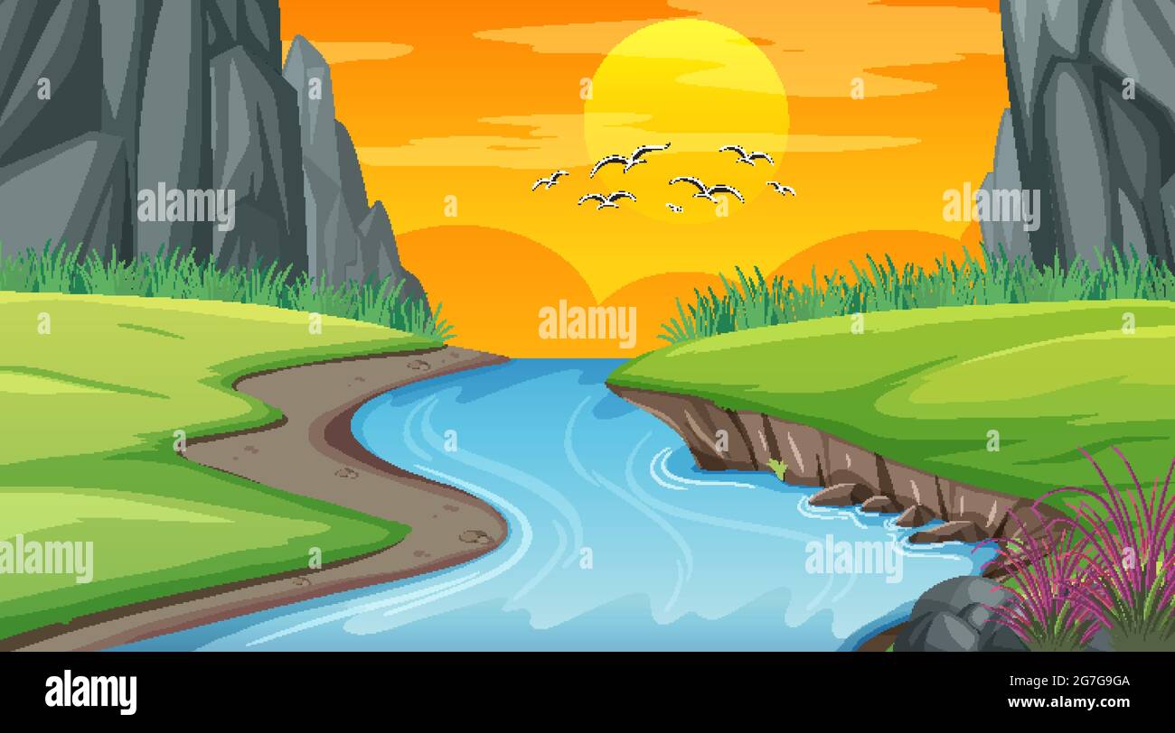 Landscape scene of forest with river and many trees illustration Stock ...