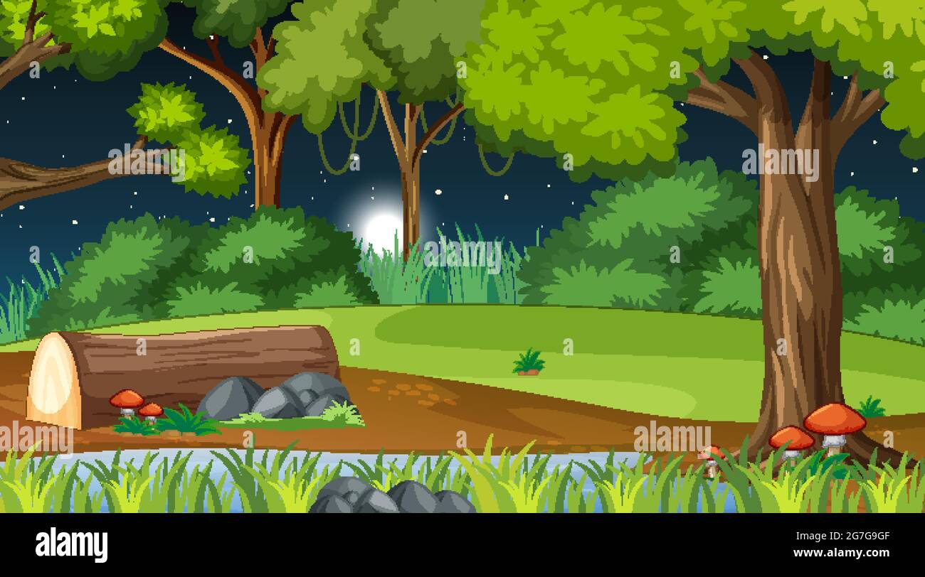 Nature forest at night scene with many trees illustration Stock Vector ...