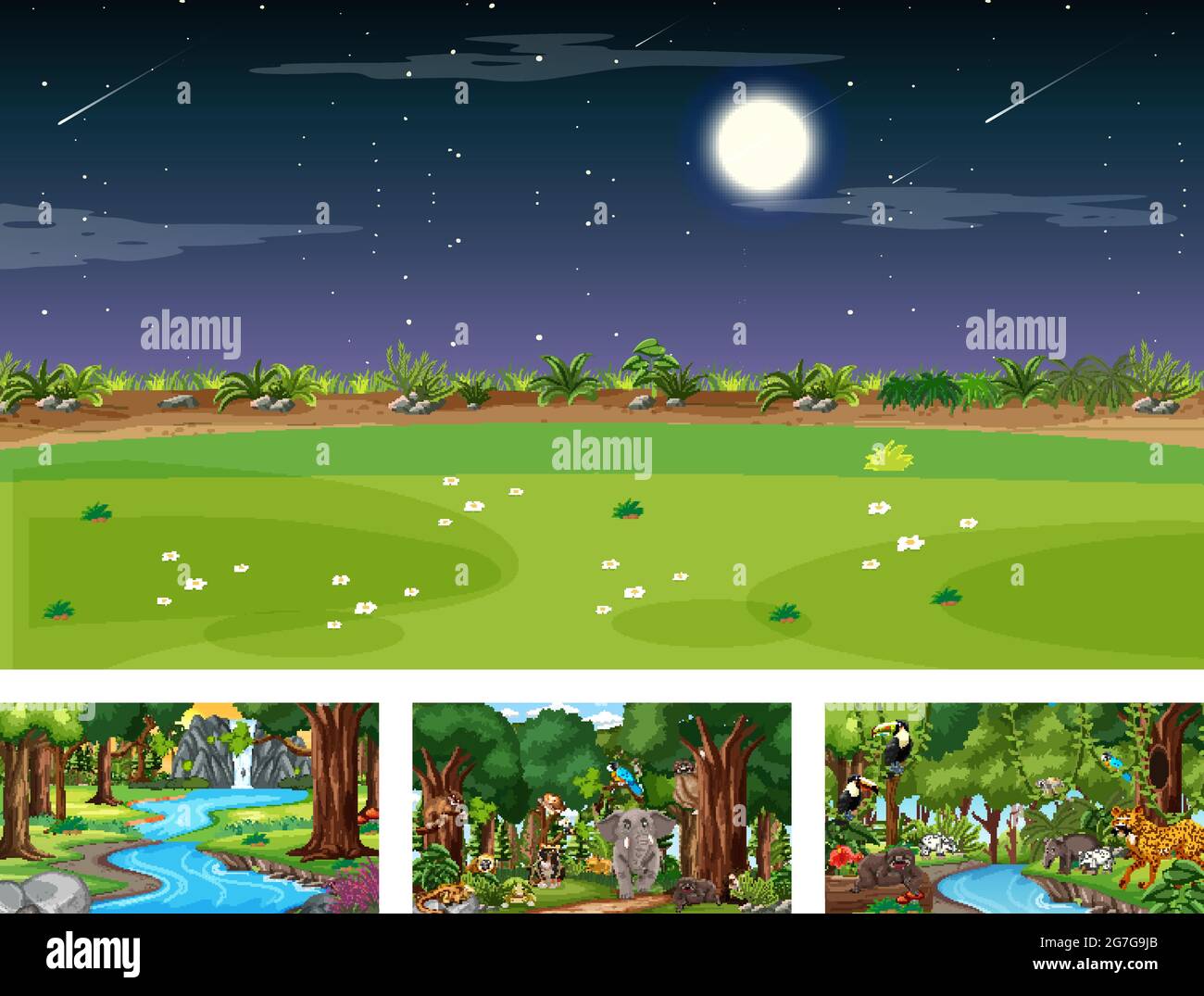 Set of different nature horizontal scene with various wild animals ...