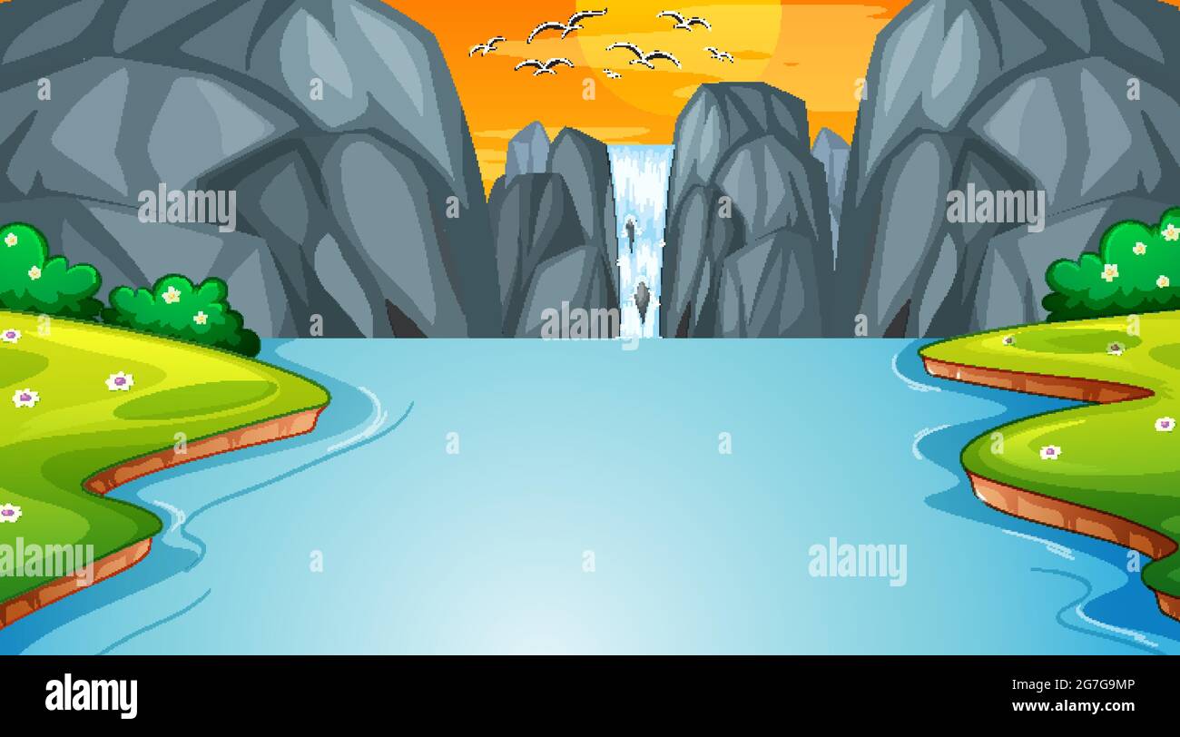 Landscape scene of forest with river and many trees illustration Stock ...