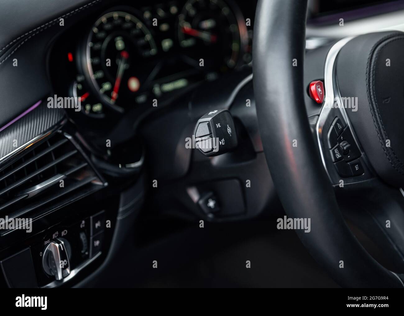 Modern sports car Interior, travel concept. Car dashboard. Focus on ...