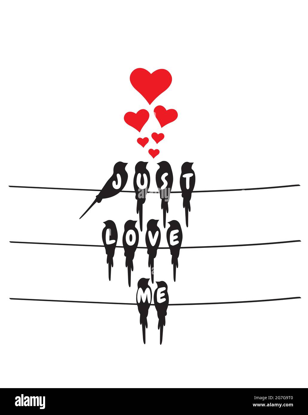 Just love me, birds on wire, vector. Art decoration, wall decals ...