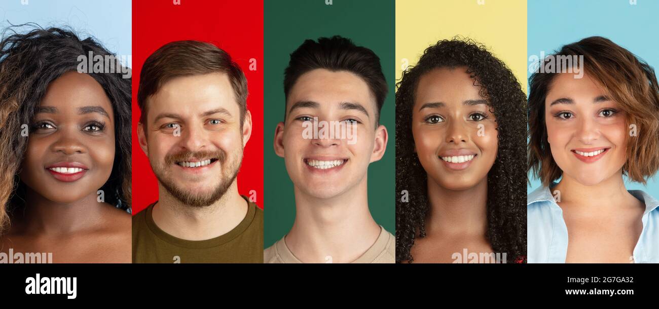 Collage with images of smiling people, young women and men posing ...