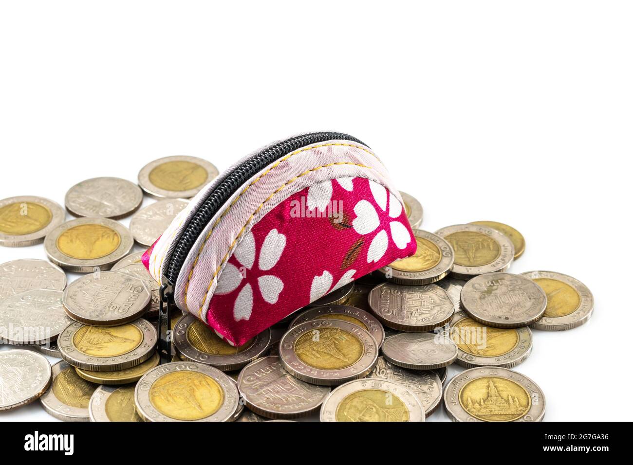 red fabric bag with black zipper for collect coin and accessory on the ...