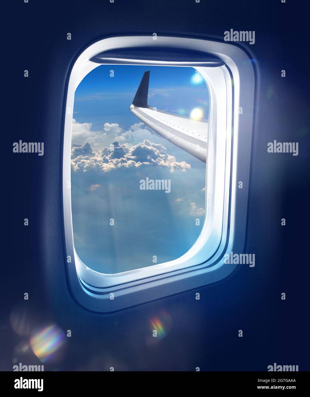 The new dawn of flight travel, a bright view from a jet plane window ...