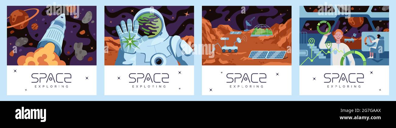 Space exploring posters set. Rocket explorer flies in galaxy banner ...