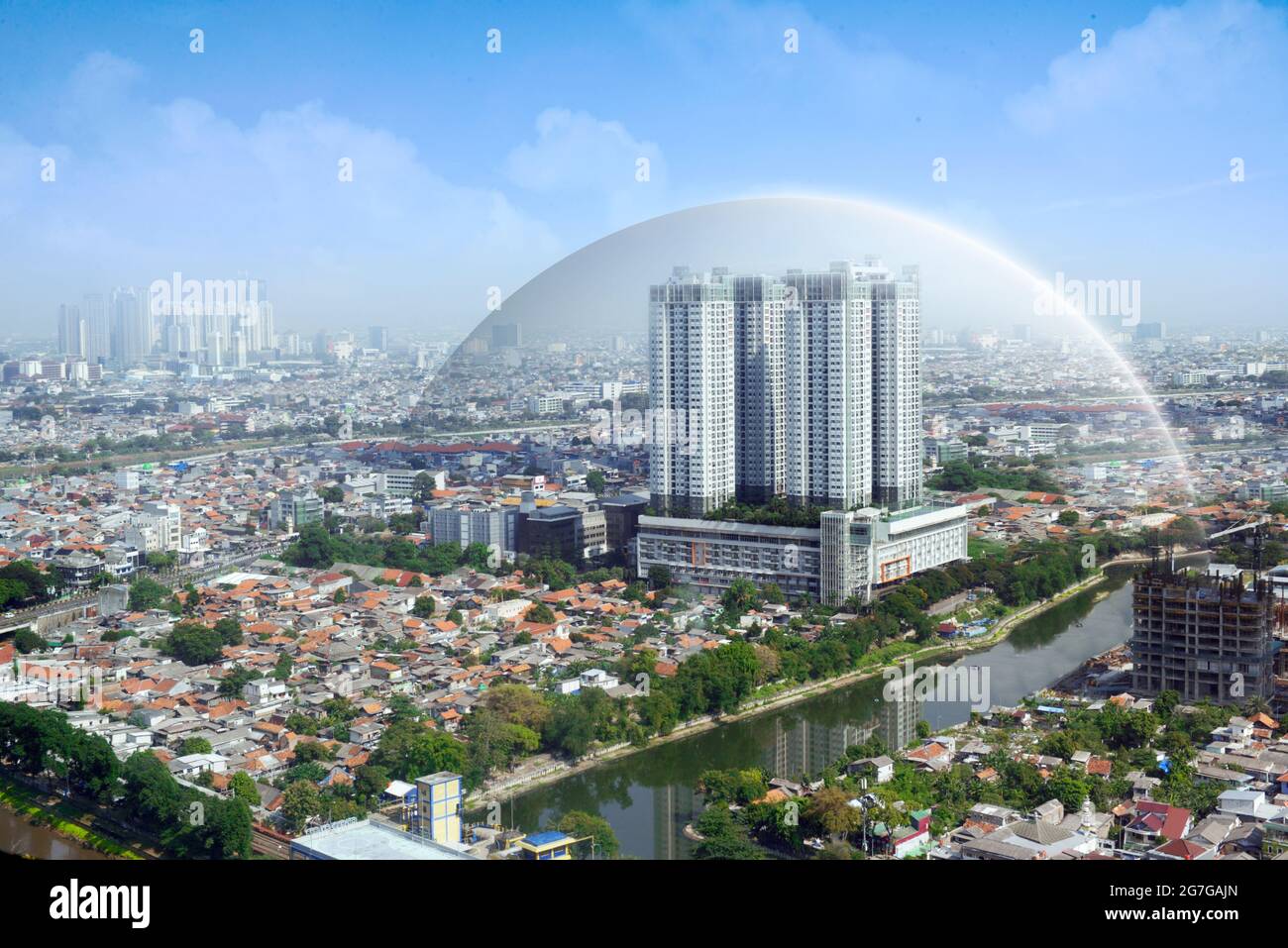 Modern building and skyscrapers view with dome protection on the city ...