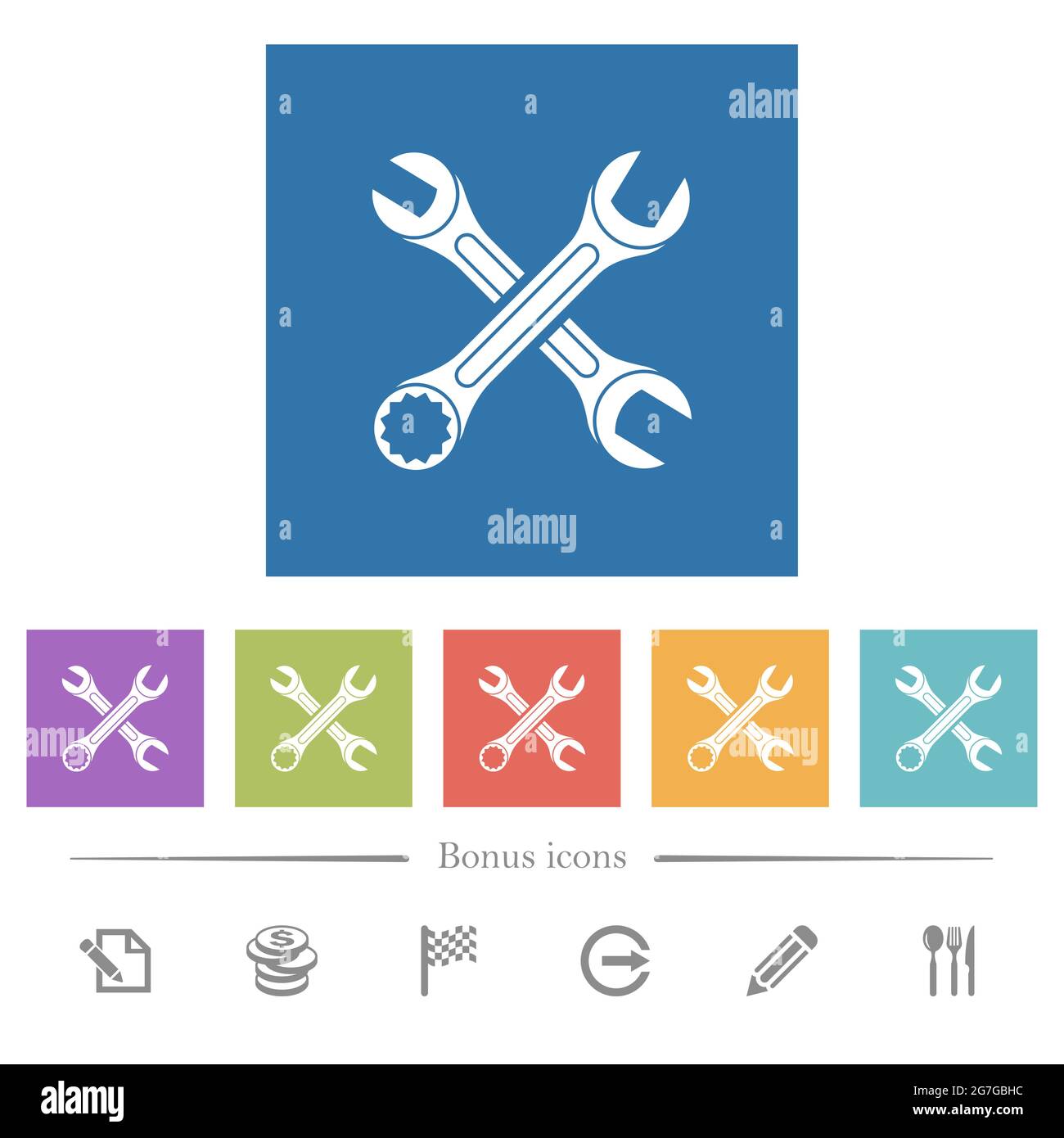Two wrenches crossed flat white icons in square backgrounds. 6 bonus ...