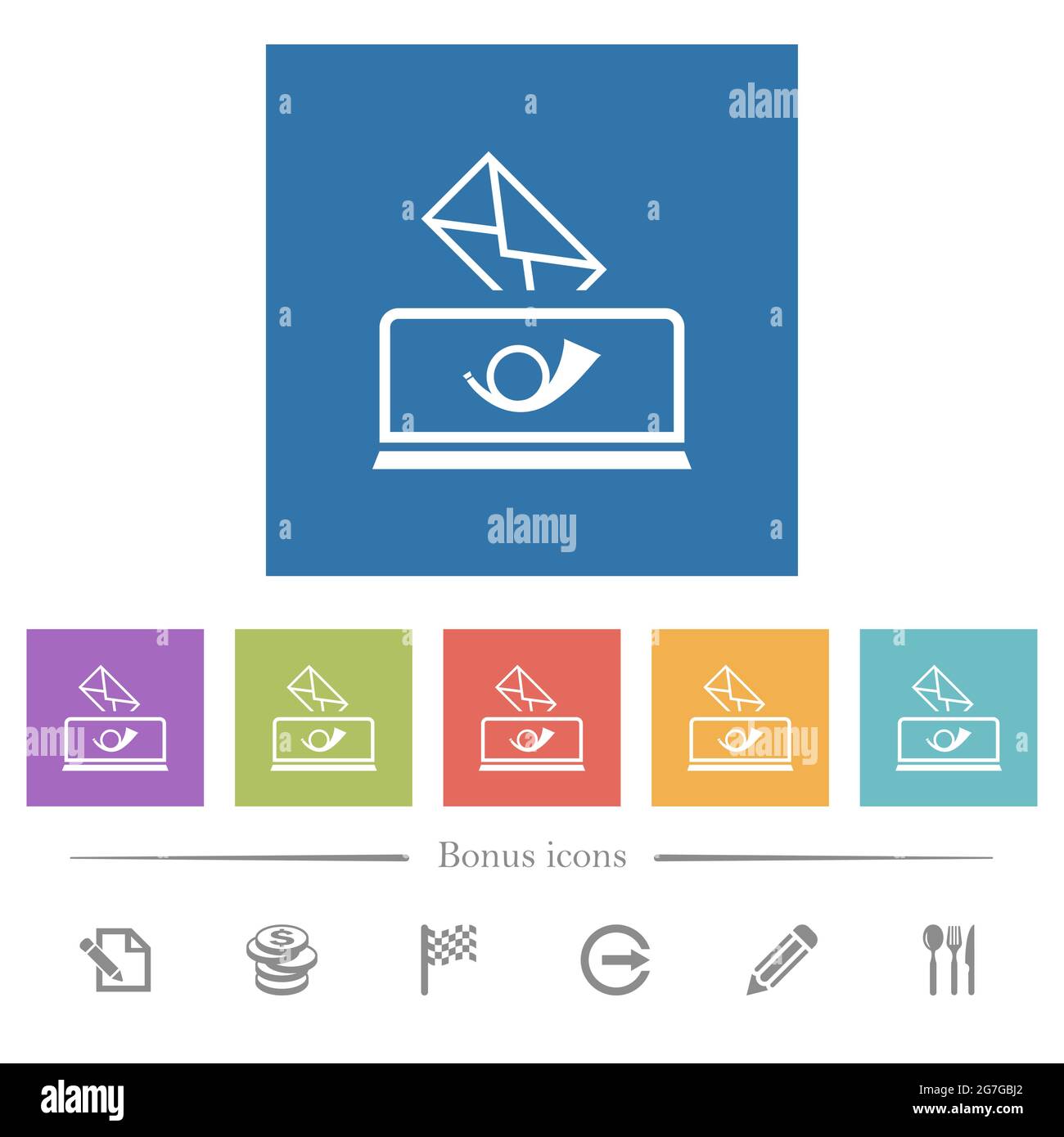 Sending mail outline flat white icons in square backgrounds. 6 bonus ...