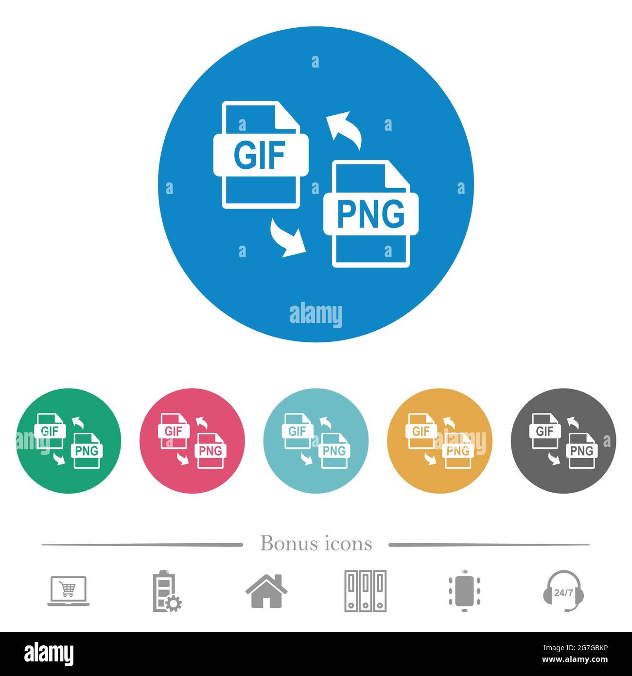 GIF PNG file conversion flat white icons on round color backgrounds. 6 ...