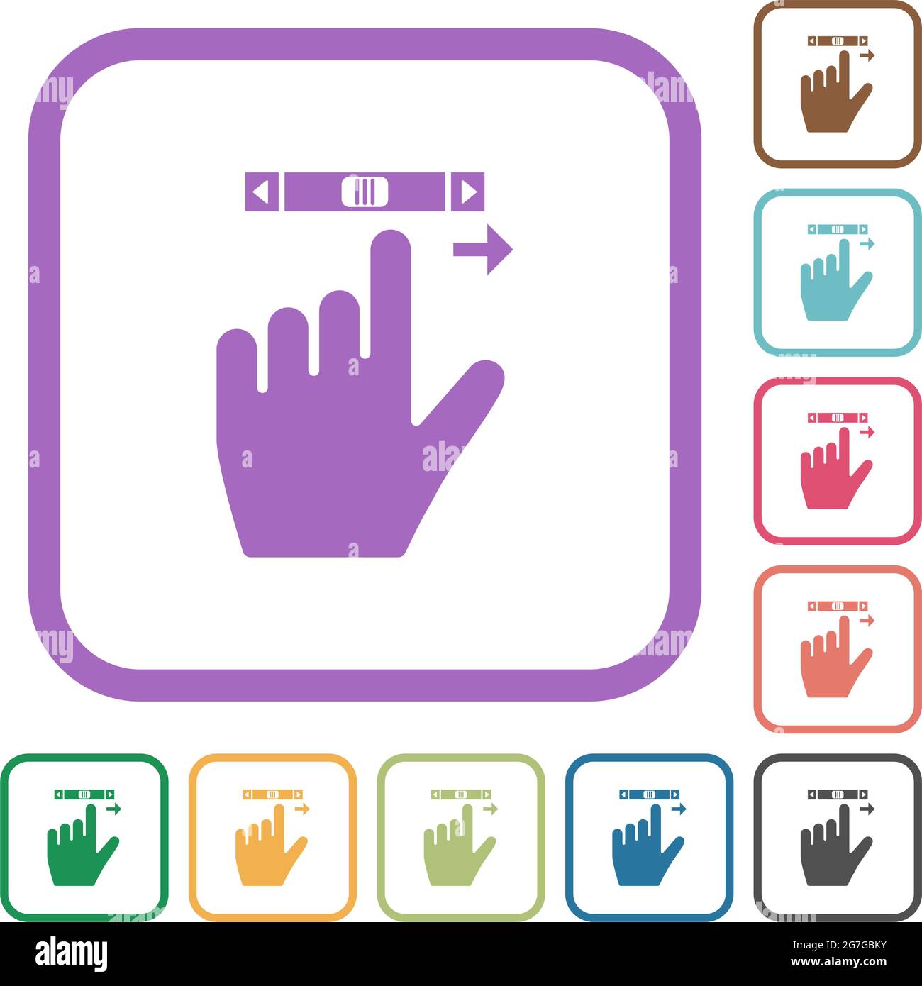 left handed scroll right gesture simple icons in color rounded square frames on white background ...