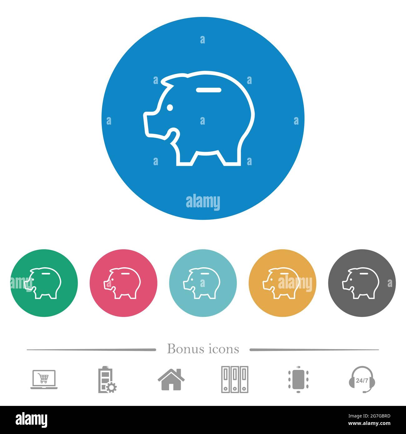 Left facing piggy bank outline flat white icons on round color ...