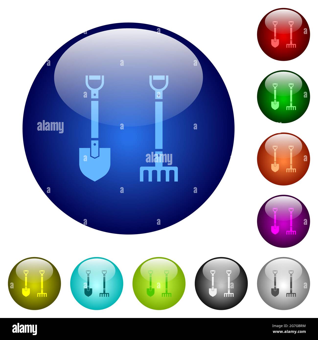 Shovel and rake icons on round glass buttons in multiple colors ...