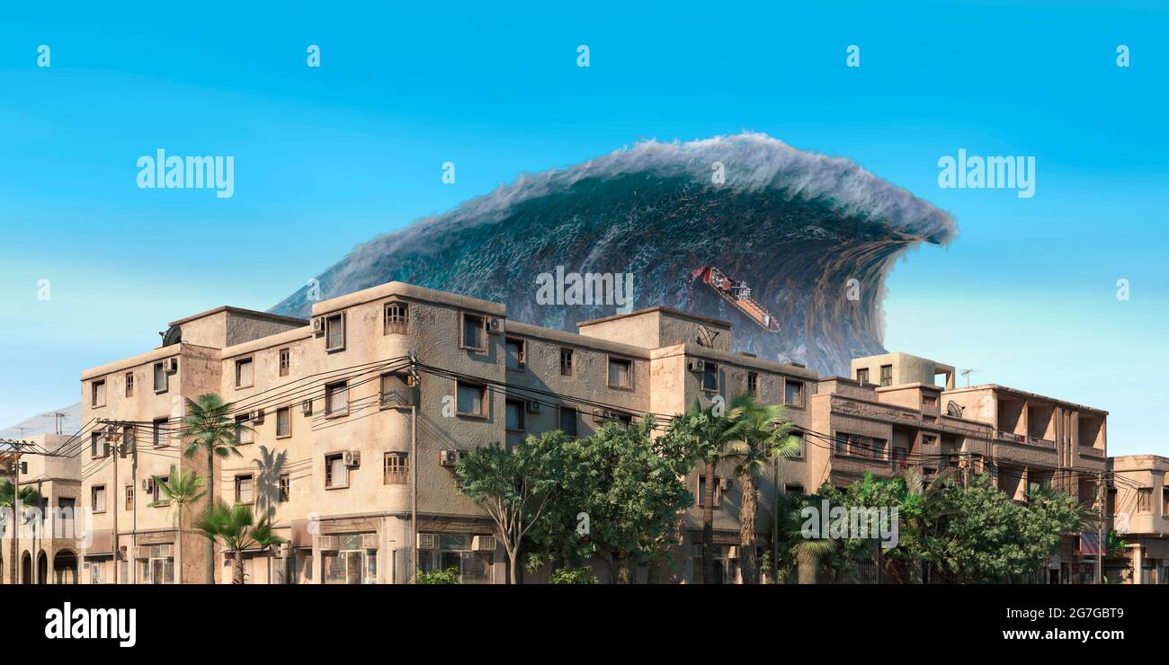 3D illustration tsunami wave apocalyptic water view urban flood Storm ...