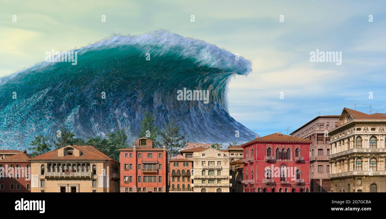 3D illustration tsunami wave apocalyptic water view urban flood Storm ...