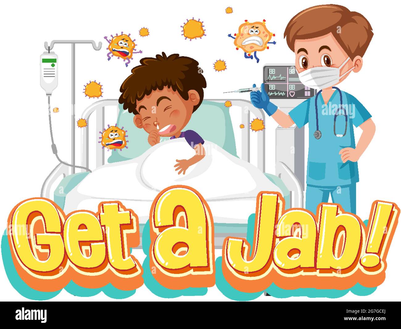 Coronavirus vaccination concept with Jab Time font and doctor cartoon ...