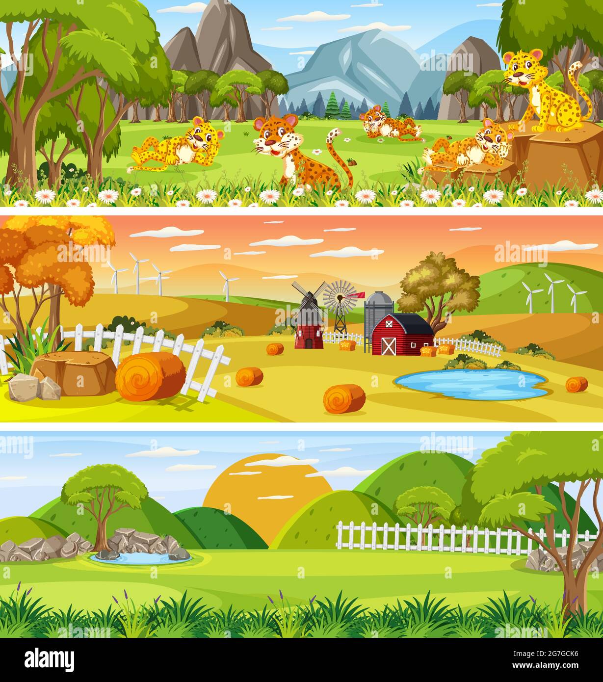 Different nature landscape at daytime scene with cartoon character ...