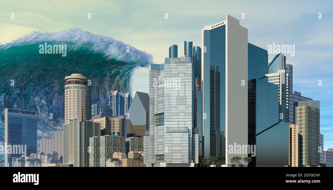 3D illustration tsunami wave apocalyptic water view urban flood Storm ...