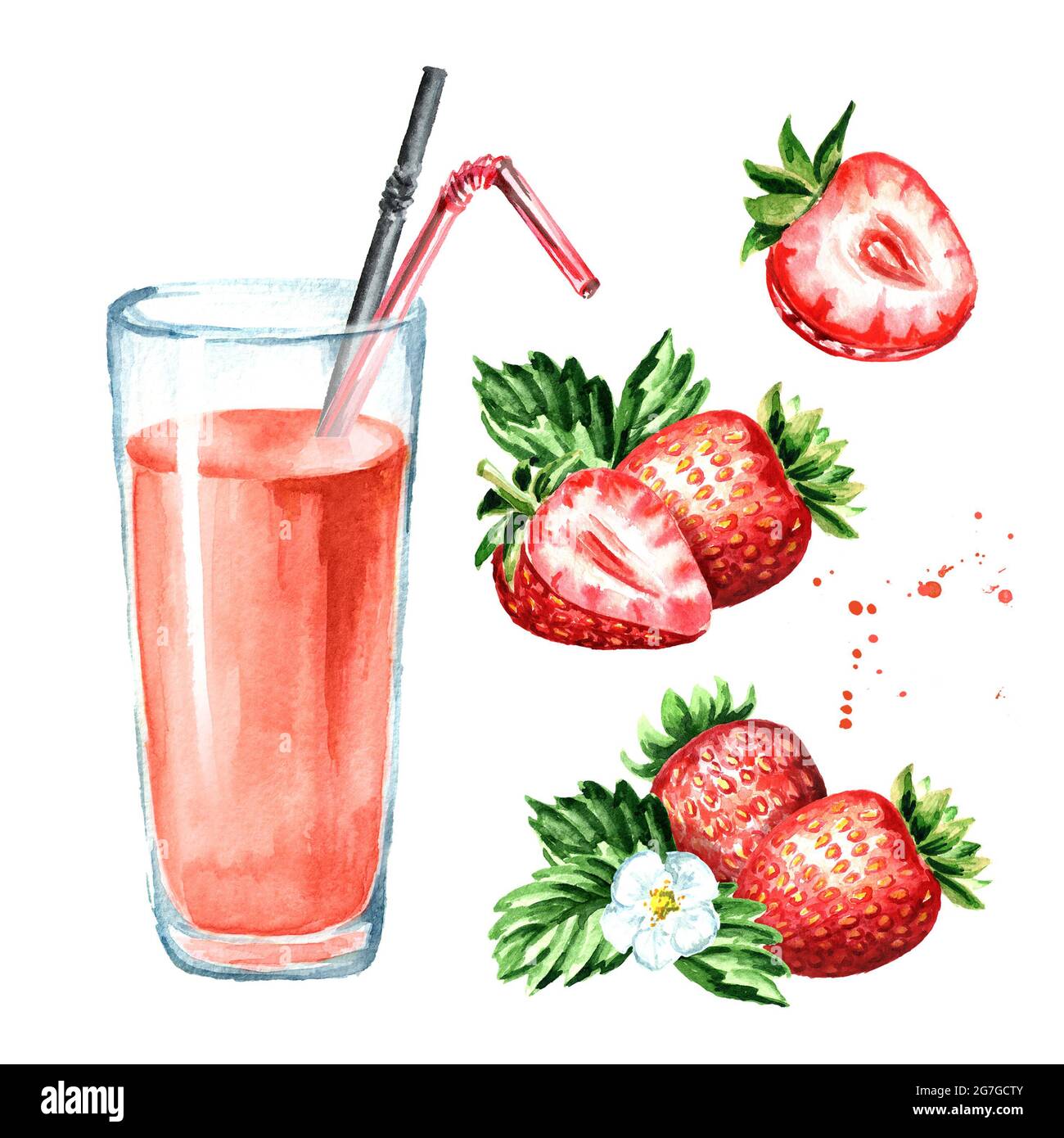Glass of strawberry Juice with fresh berries set. Watercolor hand drawn ...
