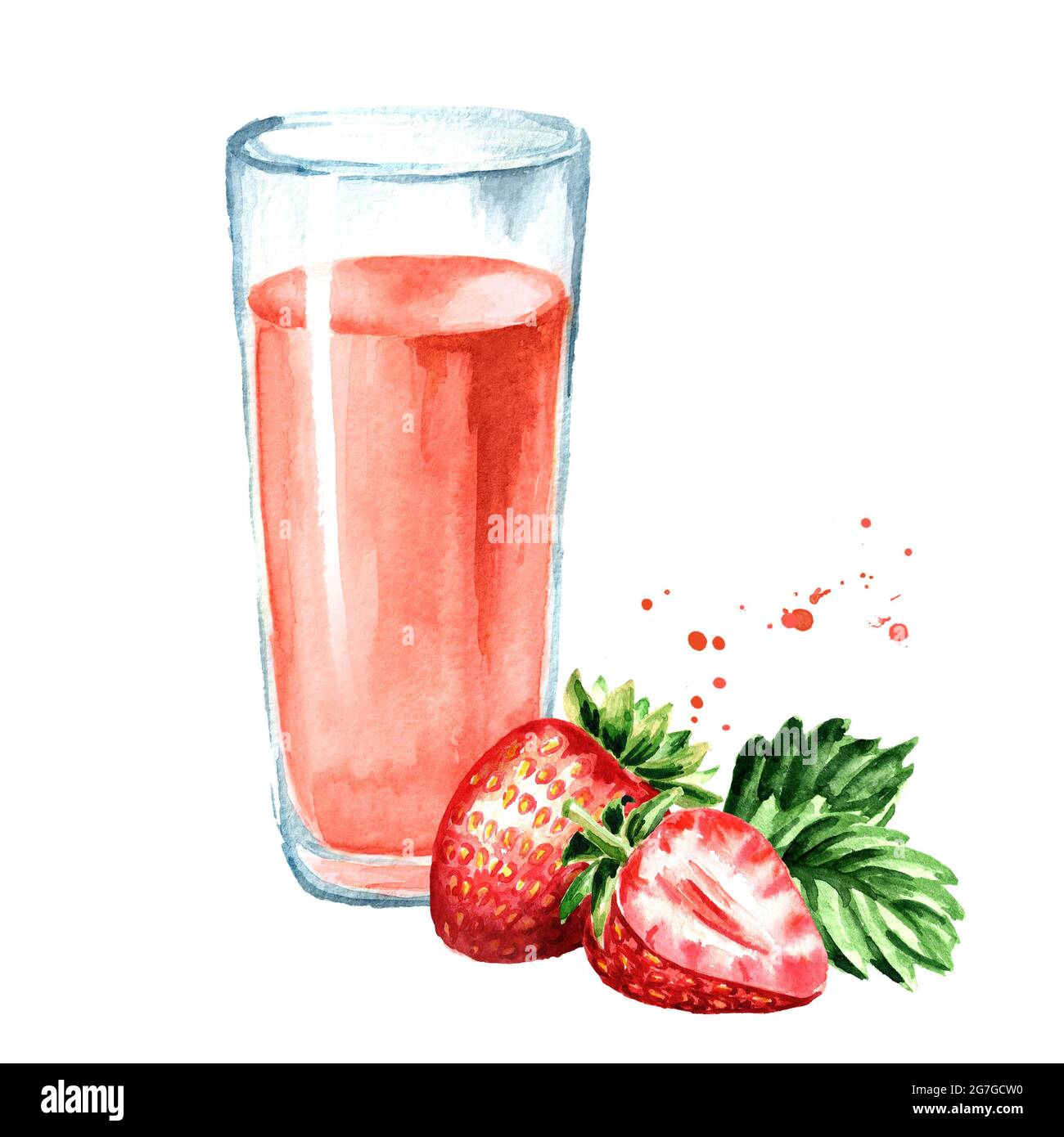 Glass of strawberry Juice with fresh ripe berries. Watercolor hand ...