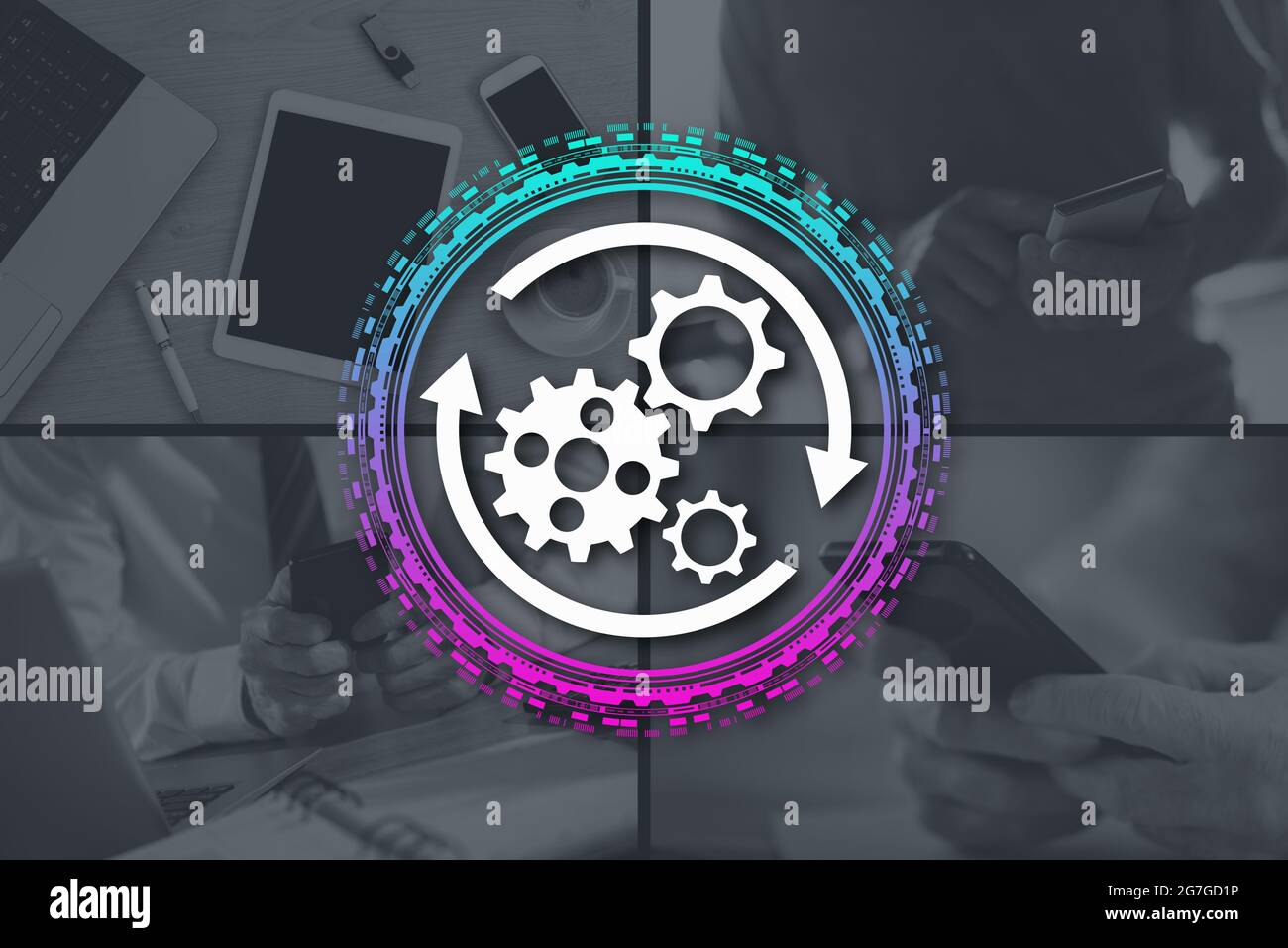 Automation concept illustrated by pictures on background Stock Photo ...