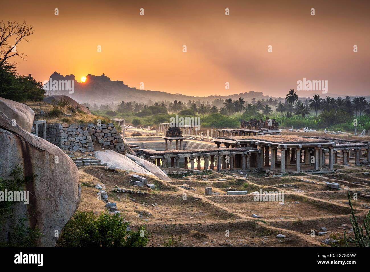 View of sunrise at Pushkarni, Sri Krishna tank in ruins. south side of ...