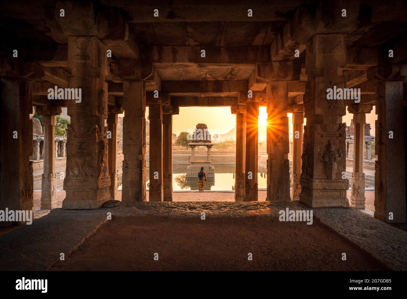 View of sunrise at Pushkarni, Sri Krishna tank in ruins. south side of ...