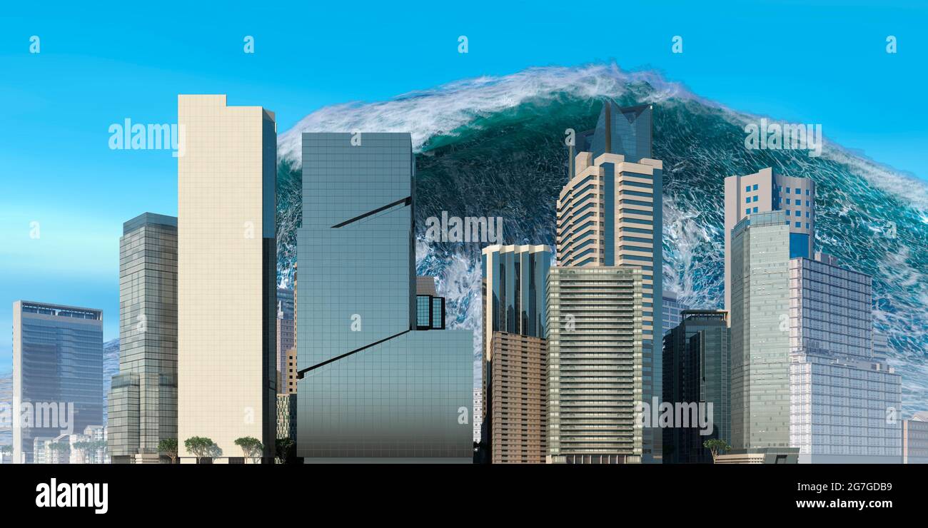 3D illustration tsunami wave apocalyptic water view urban flood Storm ...