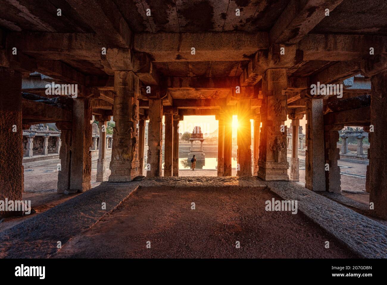 View of sunrise at Pushkarni, Sri Krishna tank in ruins. south side of ...