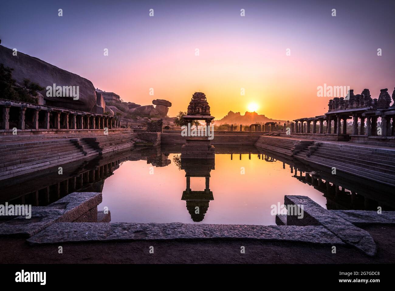 View of sunrise at Pushkarni, Sri Krishna tank in ruins. south side of ...