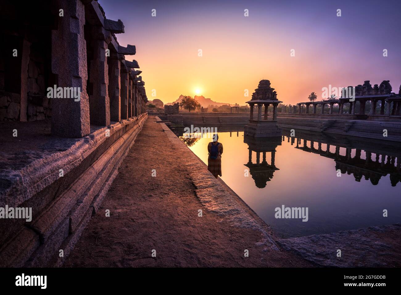 View of sunrise at Pushkarni, Sri Krishna tank in ruins. south side of ...