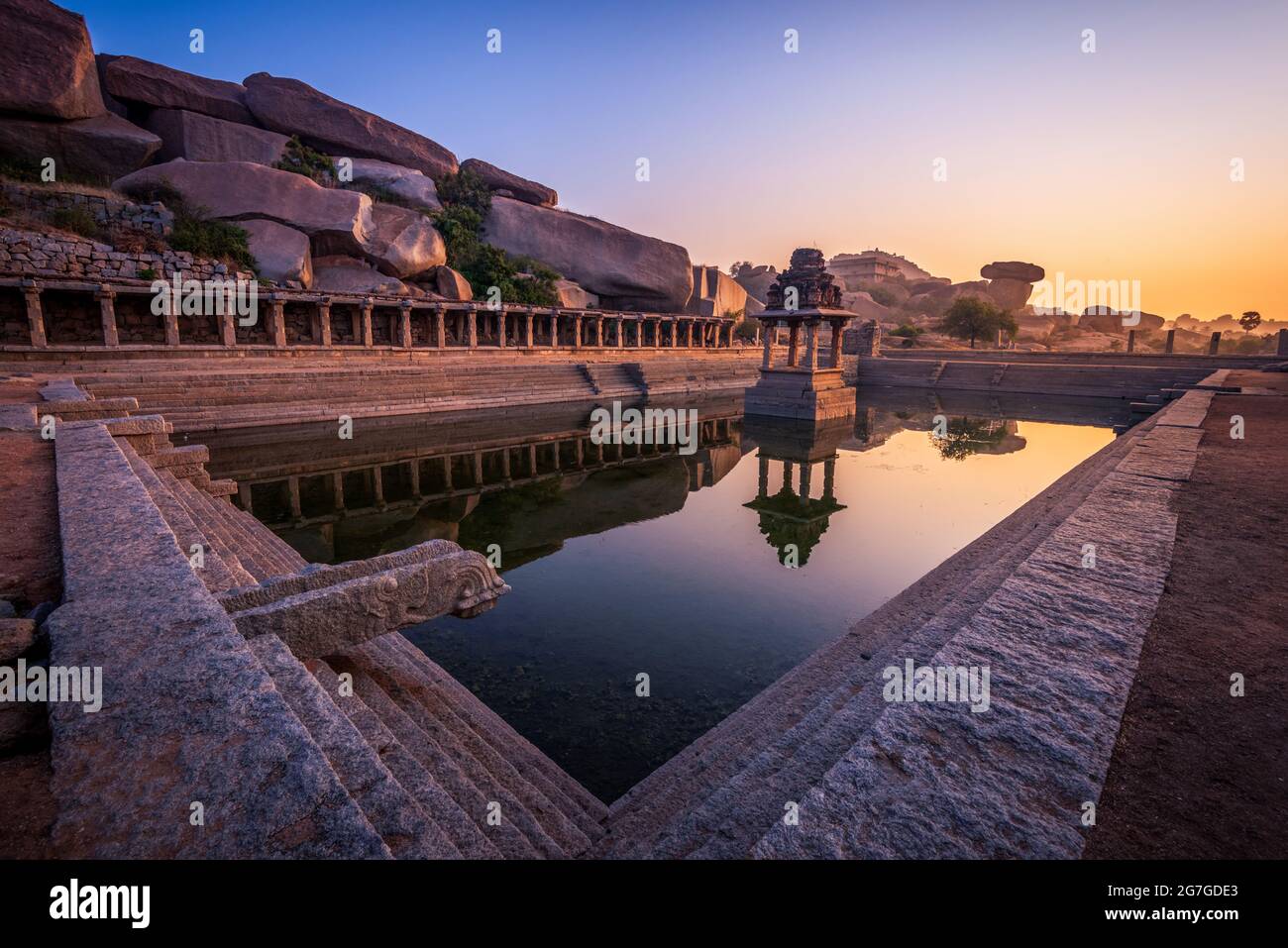 View of sunrise at Pushkarni, Sri Krishna tank in ruins. south side of ...
