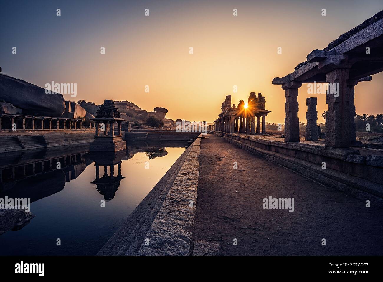 View of sunrise at Pushkarni, Sri Krishna tank in ruins. south side of ...