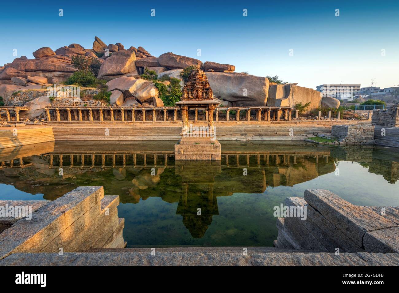 View of sunrise at Pushkarni, Sri Krishna tank in ruins. south side of ...