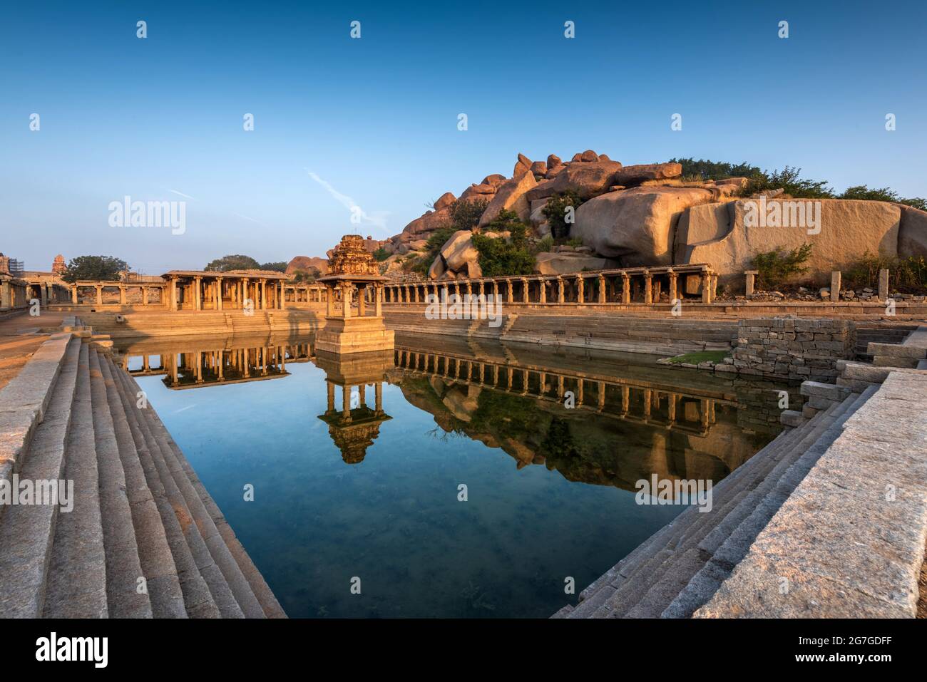 View of sunrise at Pushkarni, Sri Krishna tank in ruins. south side of ...