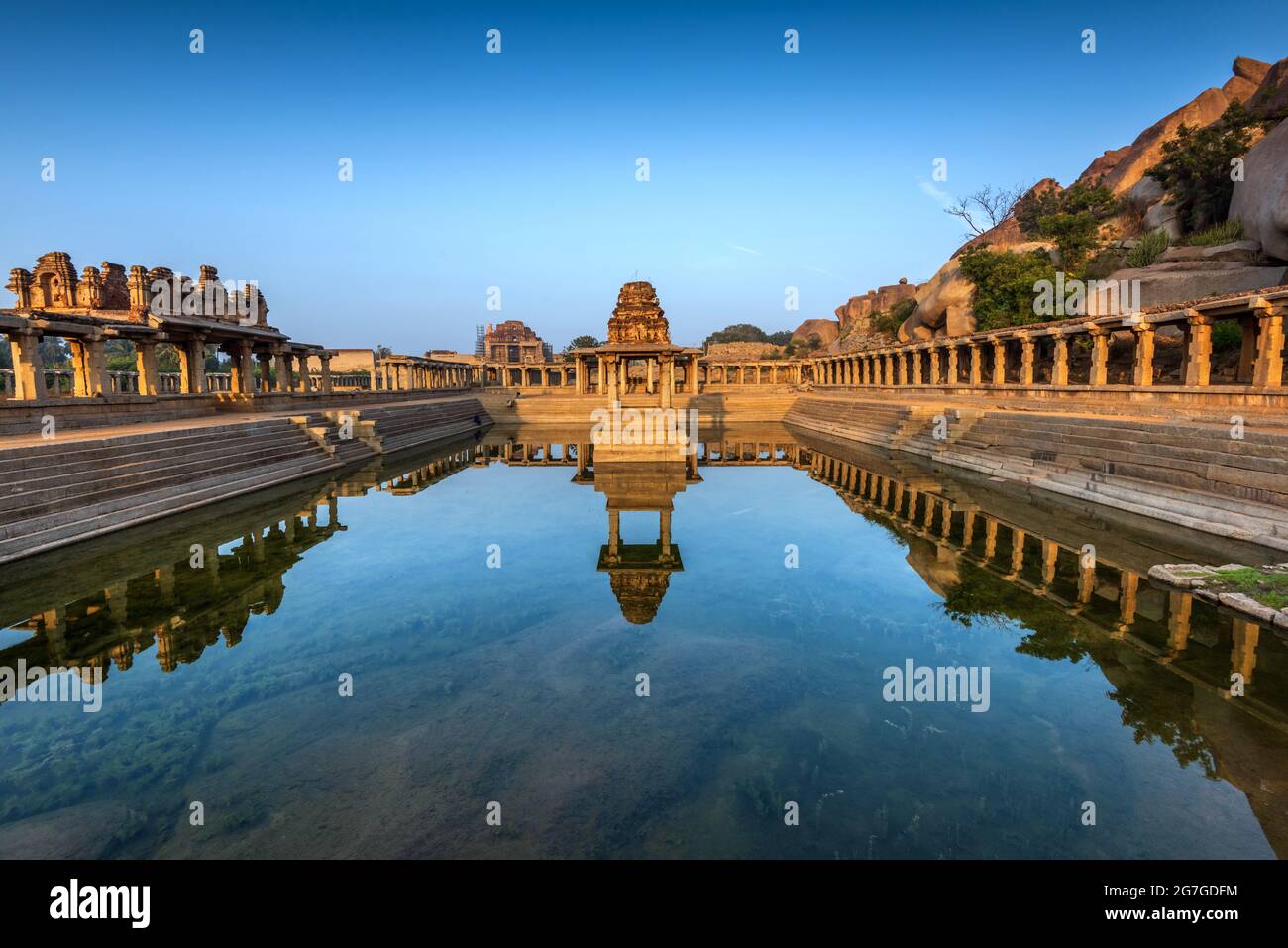 View of sunrise at Pushkarni, Sri Krishna tank in ruins. south side of ...
