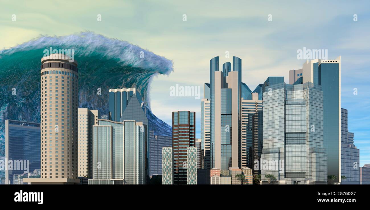 3D illustration tsunami wave apocalyptic water view urban flood Storm ...