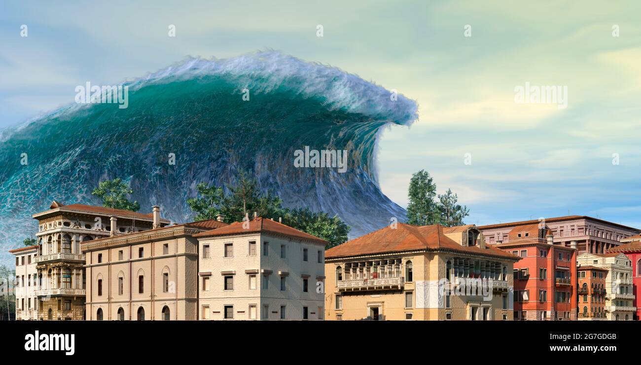 3D illustration tsunami wave apocalyptic water view urban flood Storm ...