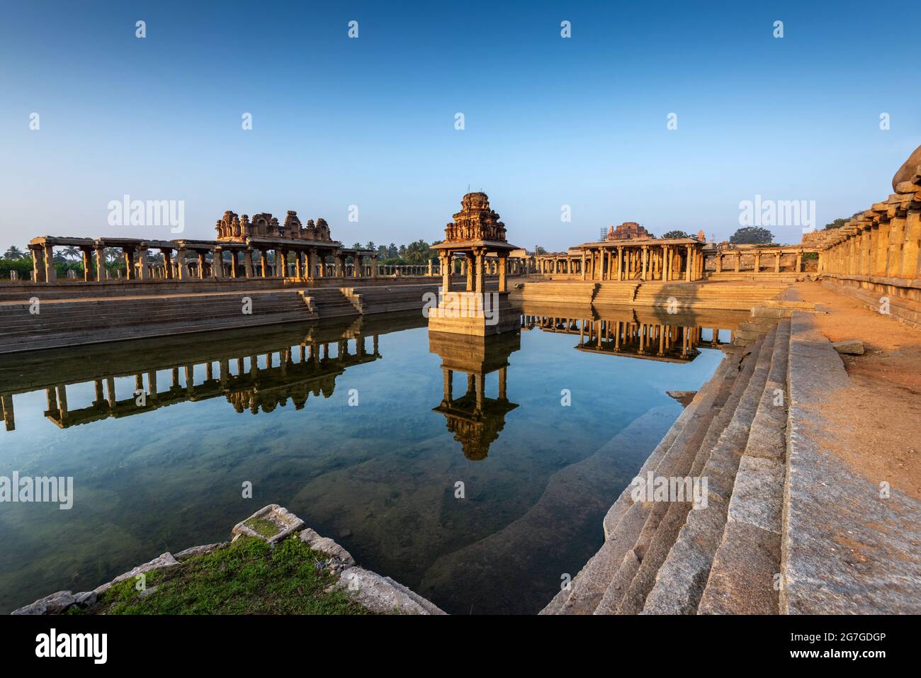 View of sunrise at Pushkarni, Sri Krishna tank in ruins. south side of ...