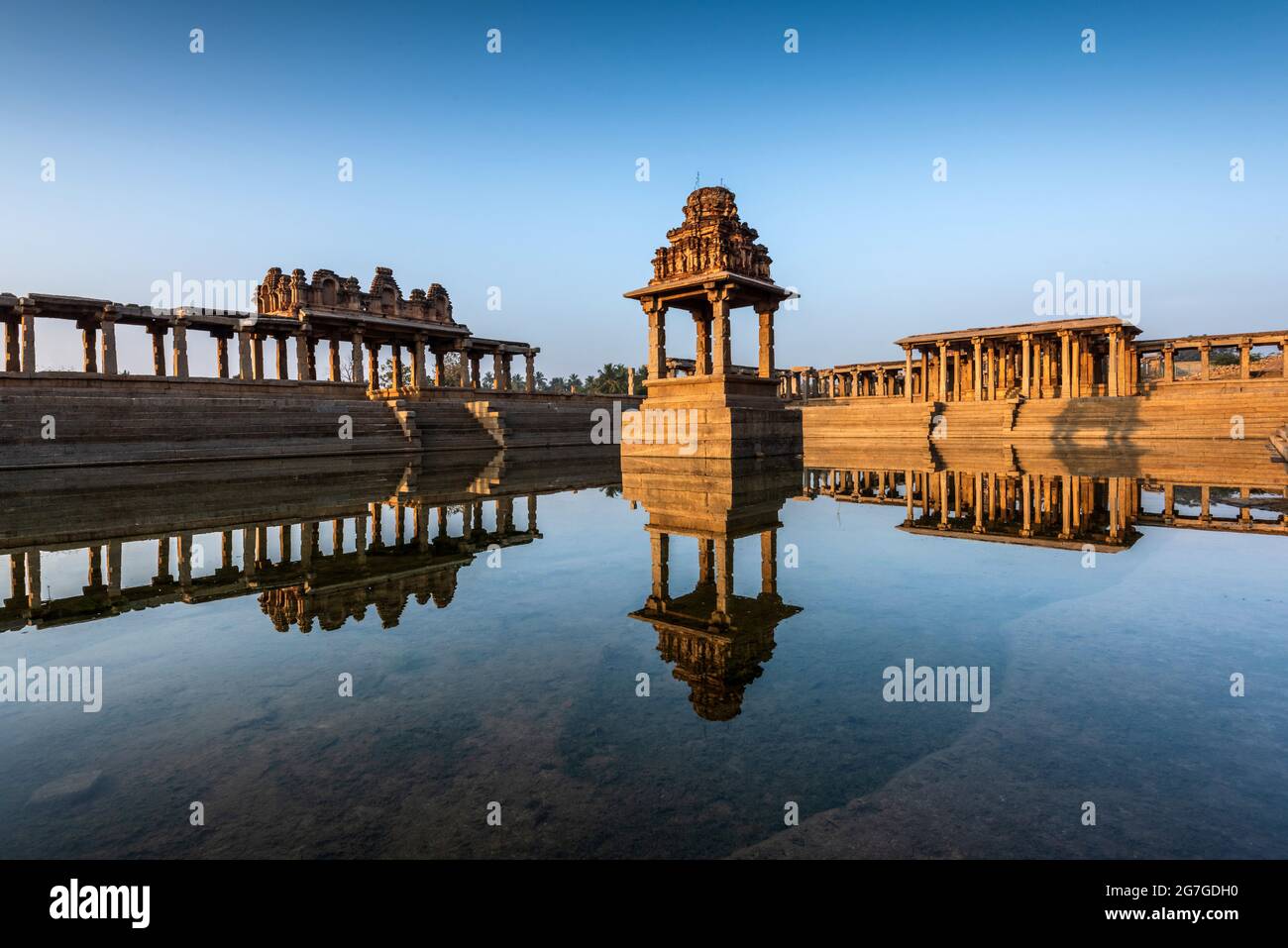 View of sunrise at Pushkarni, Sri Krishna tank in ruins. south side of ...