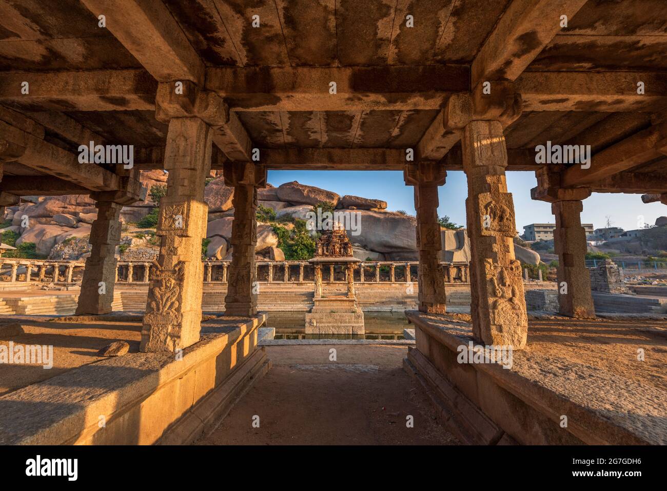 View of sunrise at Pushkarni, Sri Krishna tank in ruins. south side of ...