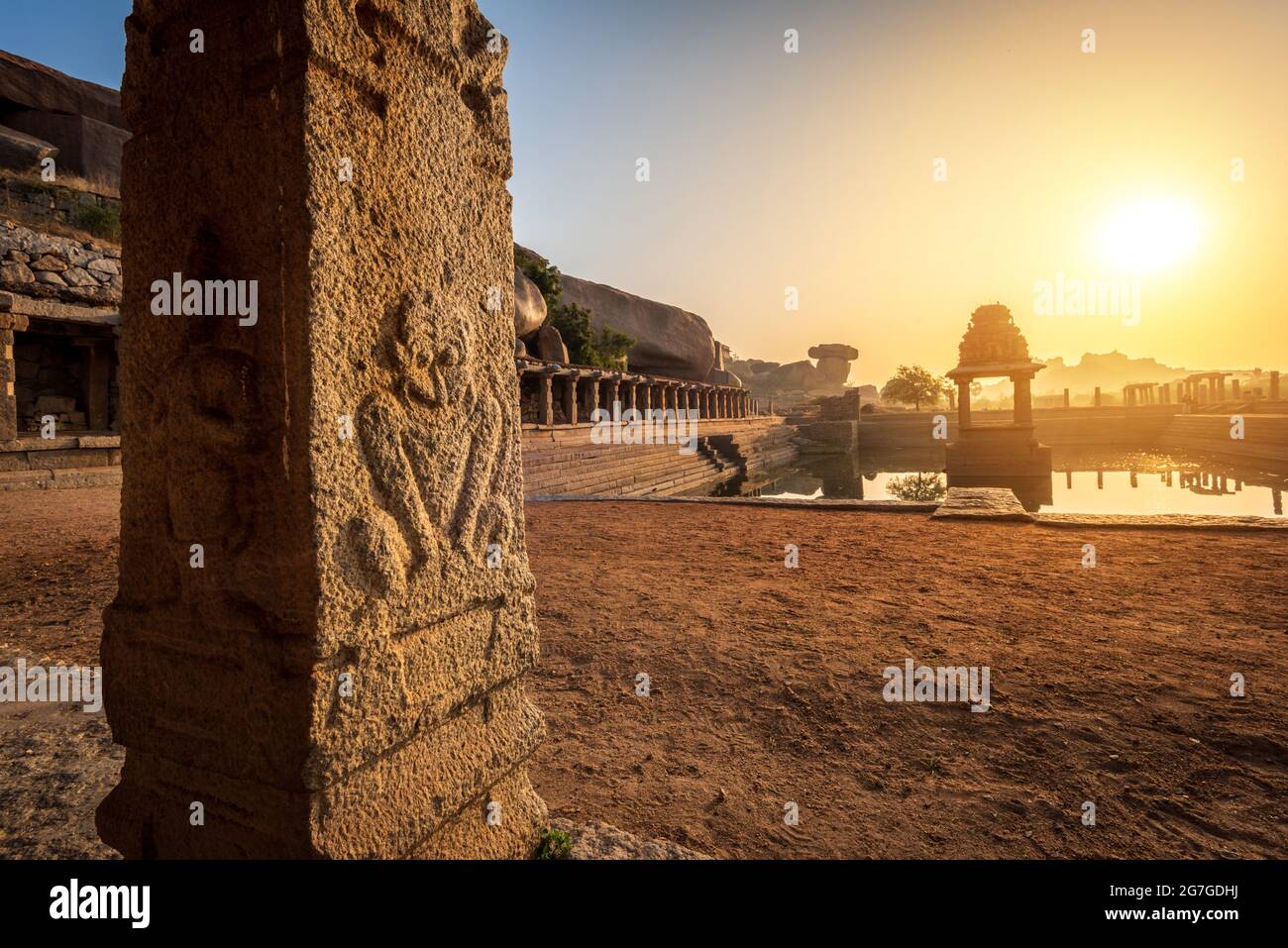 View of sunrise at Pushkarni, Sri Krishna tank in ruins. south side of ...