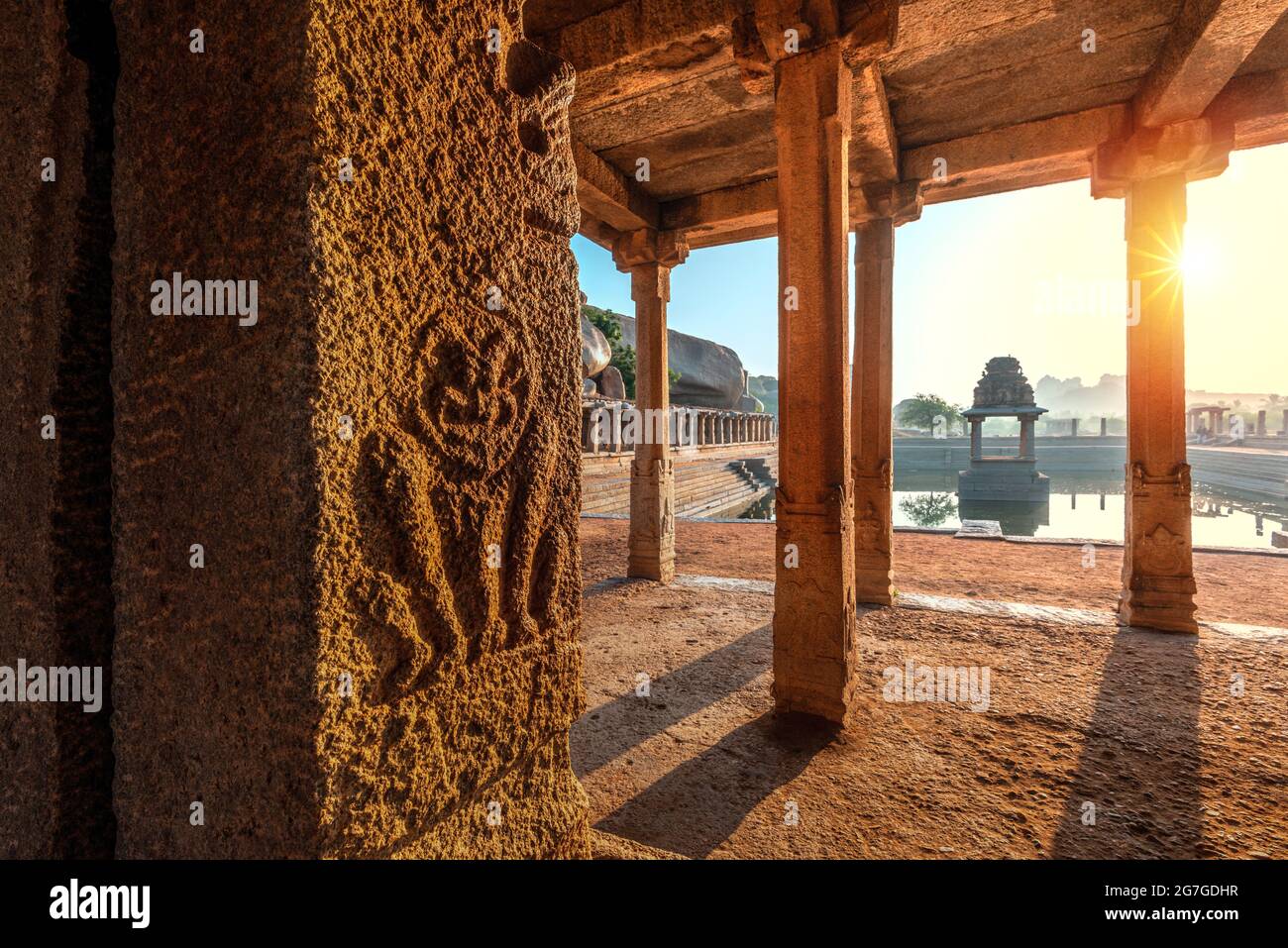 View of sunrise at Pushkarni, Sri Krishna tank in ruins. south side of ...